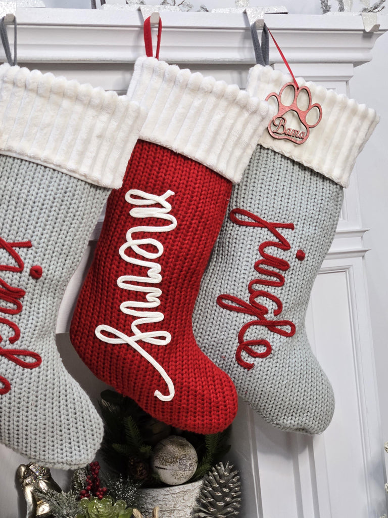 Festive Jingle & Merry Knit Christmas Stockings | Red Grey White Holid ...