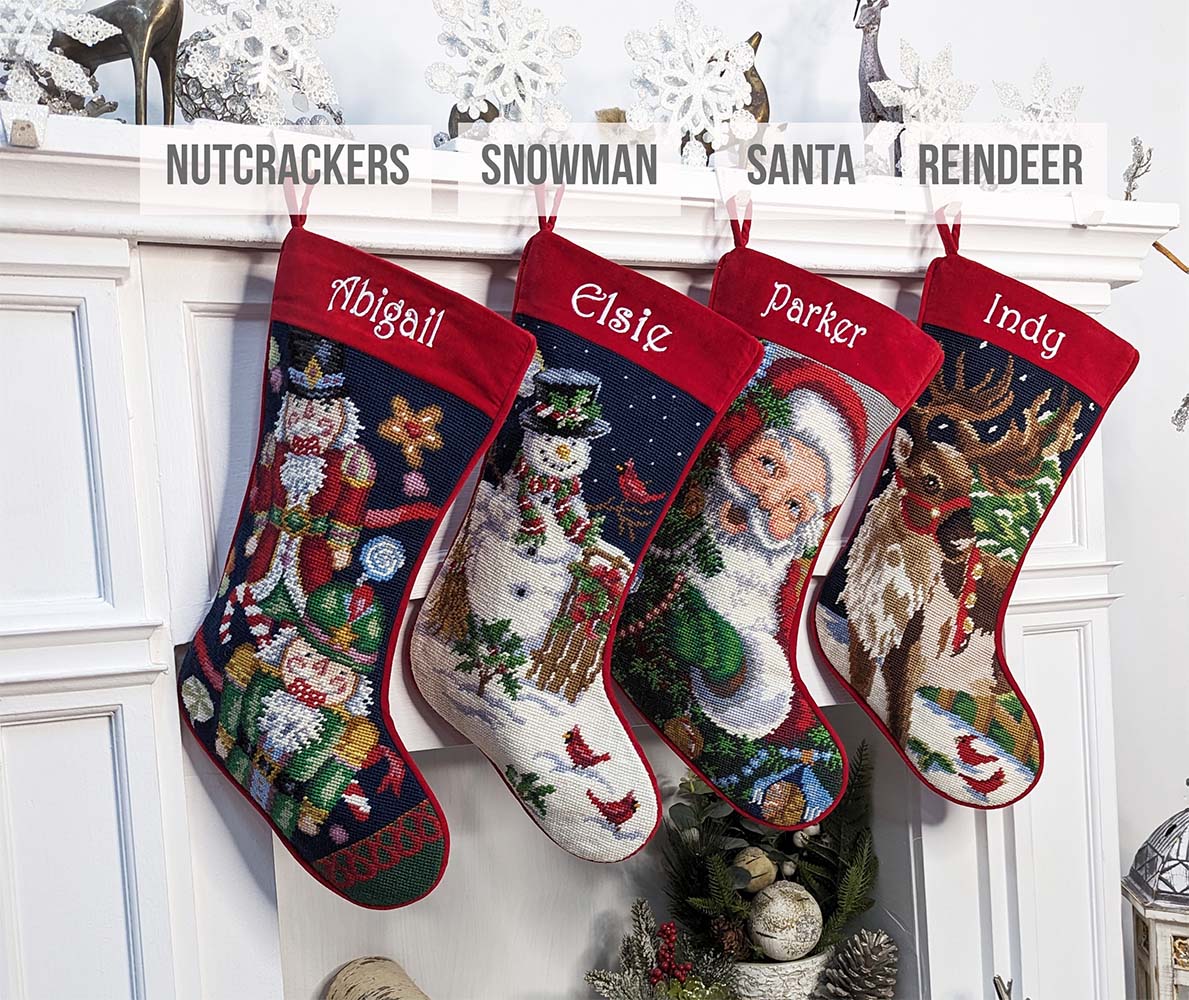 Needlepoint Christmas Stockings Santa Nutcracker Reindeer Snowman ...