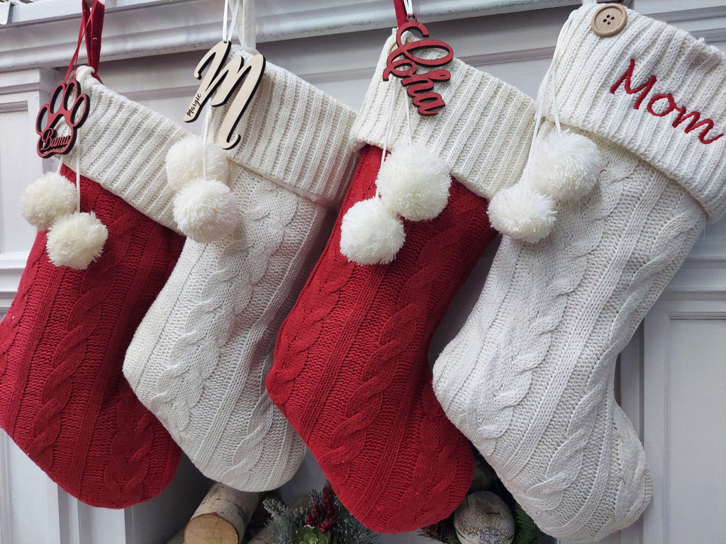 21" Personalized Red and Ivory Cable Knit Button w/ Pom Poms Christmas ...