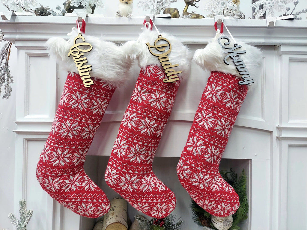 23" Fair Isle Snowflake Christmas Stocking | Red White Knit with Pom P ...