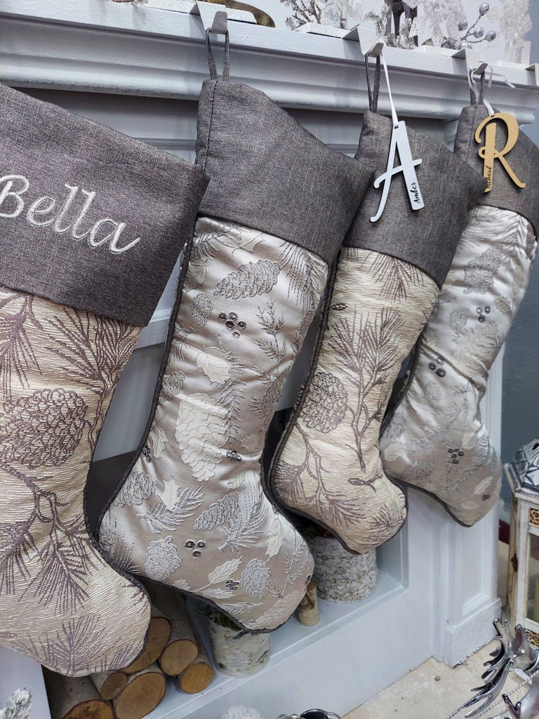 24" Evergreen Pinecone & Holly Taupe Beige Grey Jacquard Christmas Sto ...