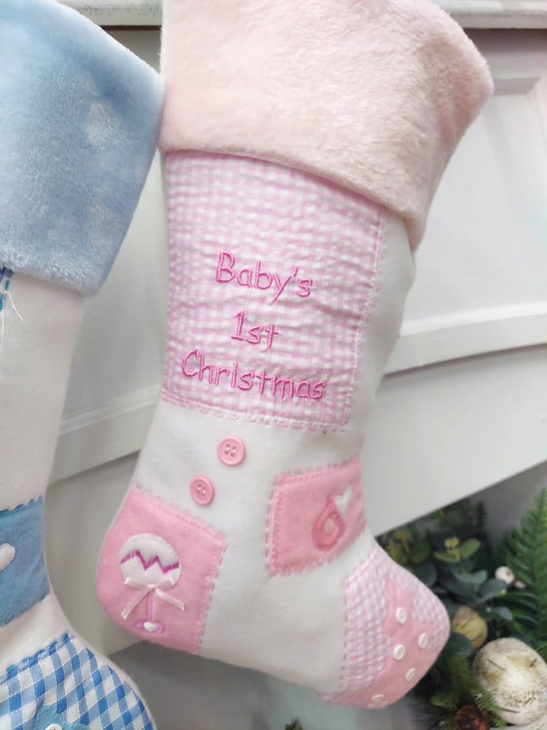 Baby's 1st Christmas Stocking | Blue Pink Patchwork Cute Buttons Baby ...