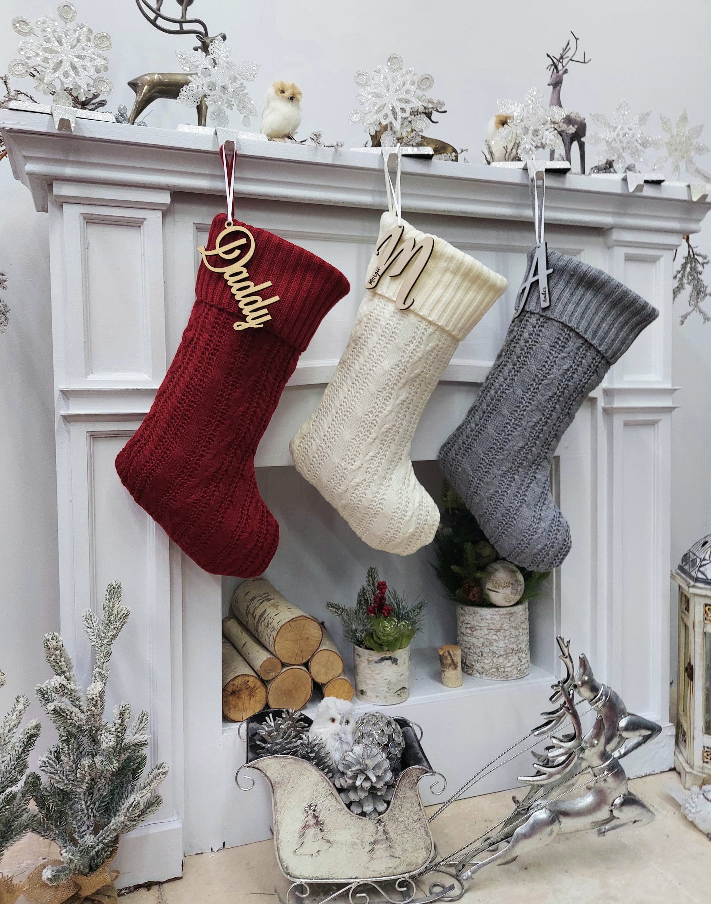Cable Knit Christmas Stockings Personalized Burgundy | Ivory | Grey ...