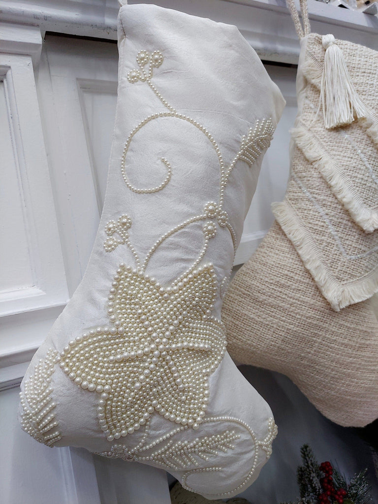 Elegant Ivory Christmas Stockings | Beaded Pearls Textured Fringe Beau ...