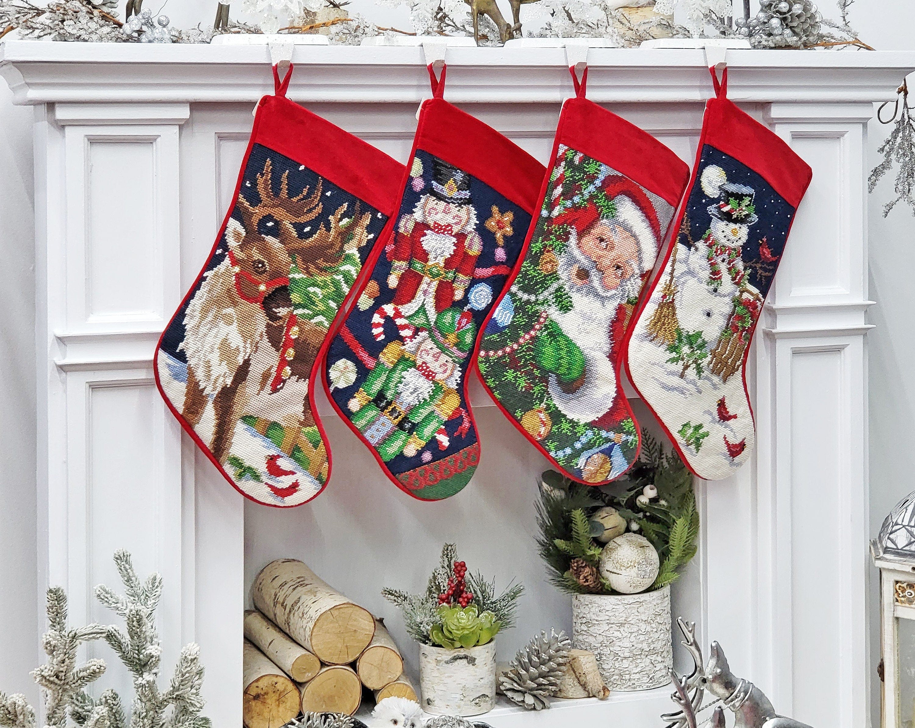 Needlepoint Christmas Stockings Santa Nutcracker Reindeer Snowman ...