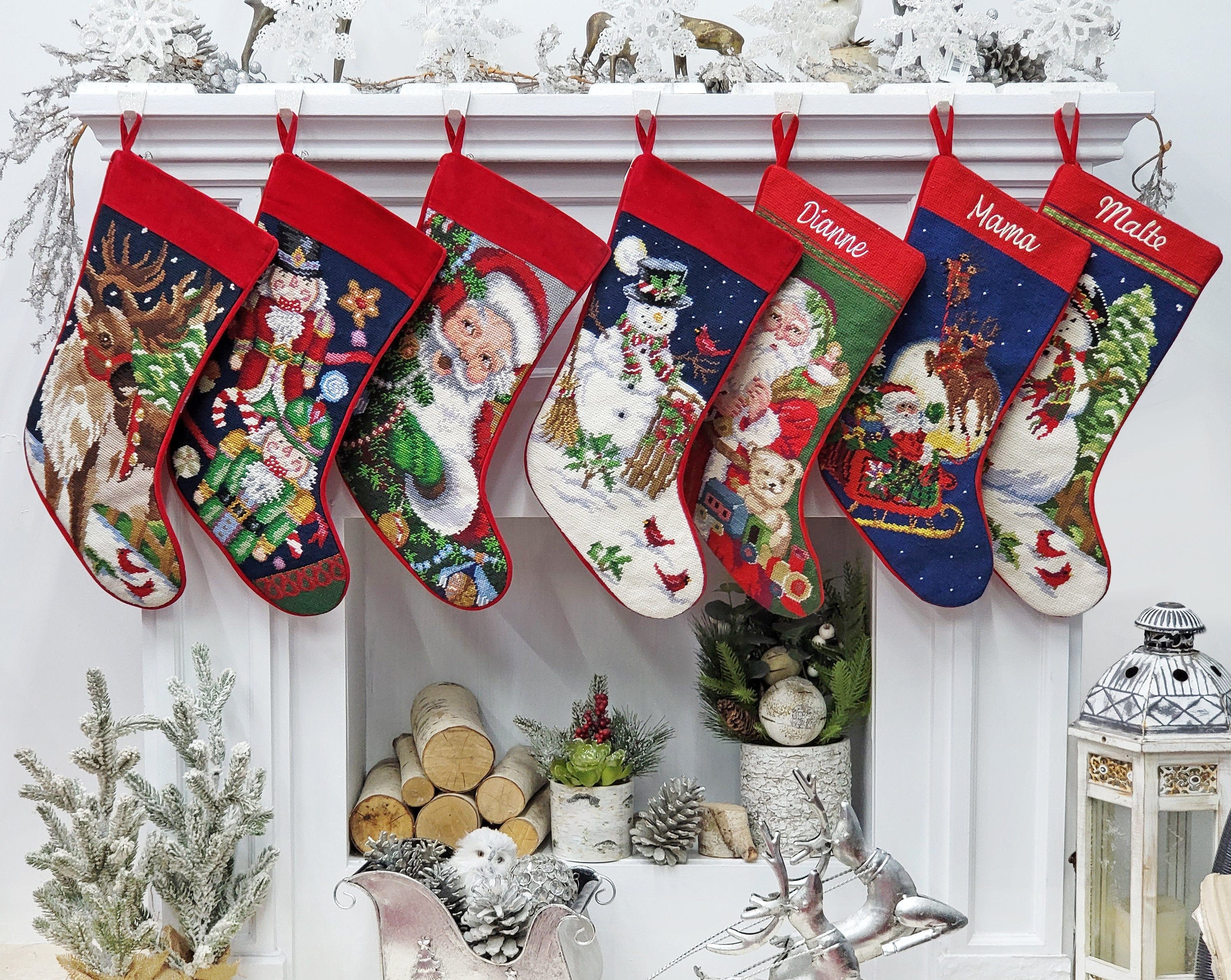Needlepoint Christmas Stockings Santa Nutcracker Reindeer Snowman ...