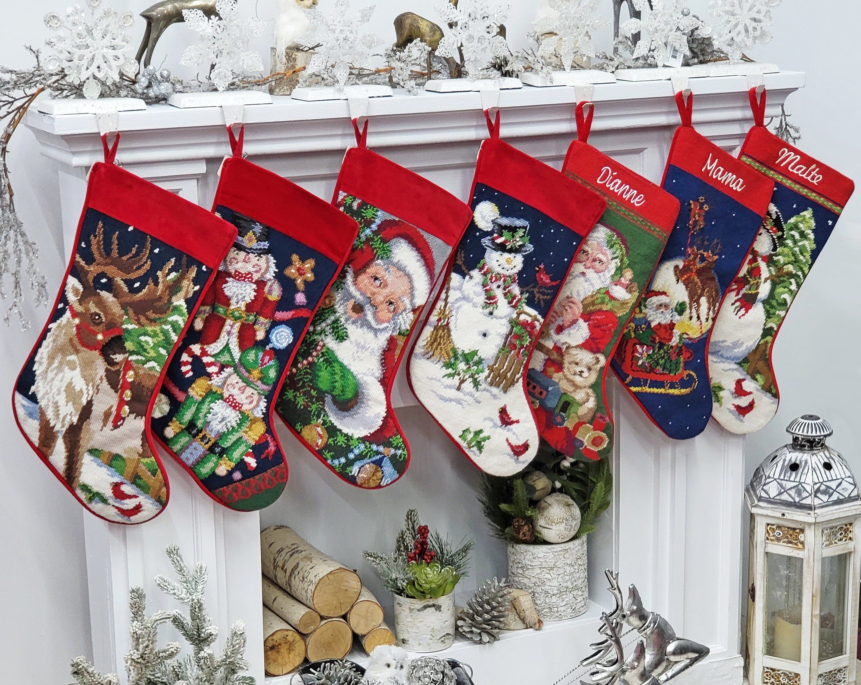 Needlepoint Christmas Stockings Santa Nutcracker Reindeer Snowman ...
