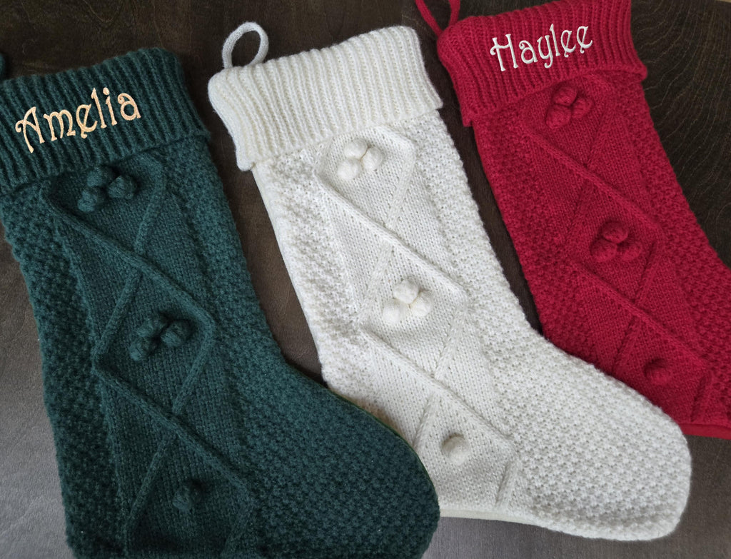 Diamond Cable Knit Christmas Stockings with pom poms| Deep Green Red C ...