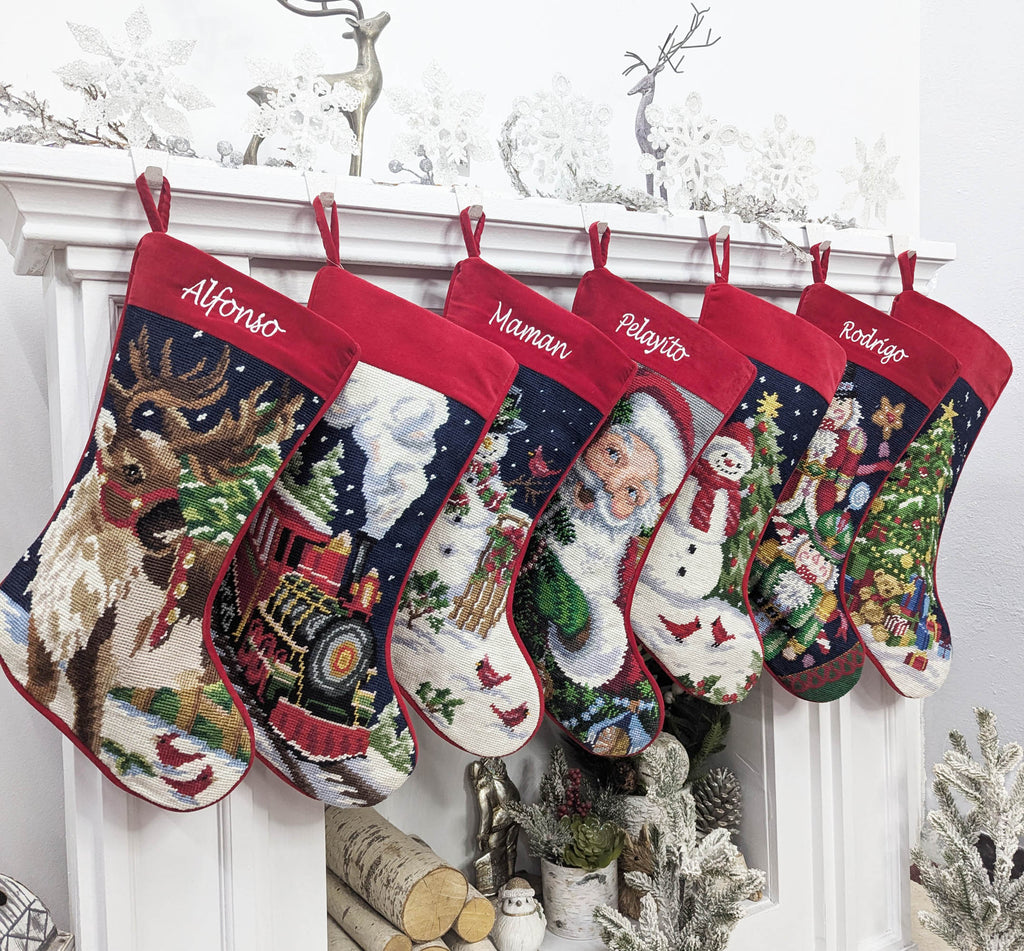 Needlepoint Christmas Stockings Santa Nutcracker Reindeer Snowman ...