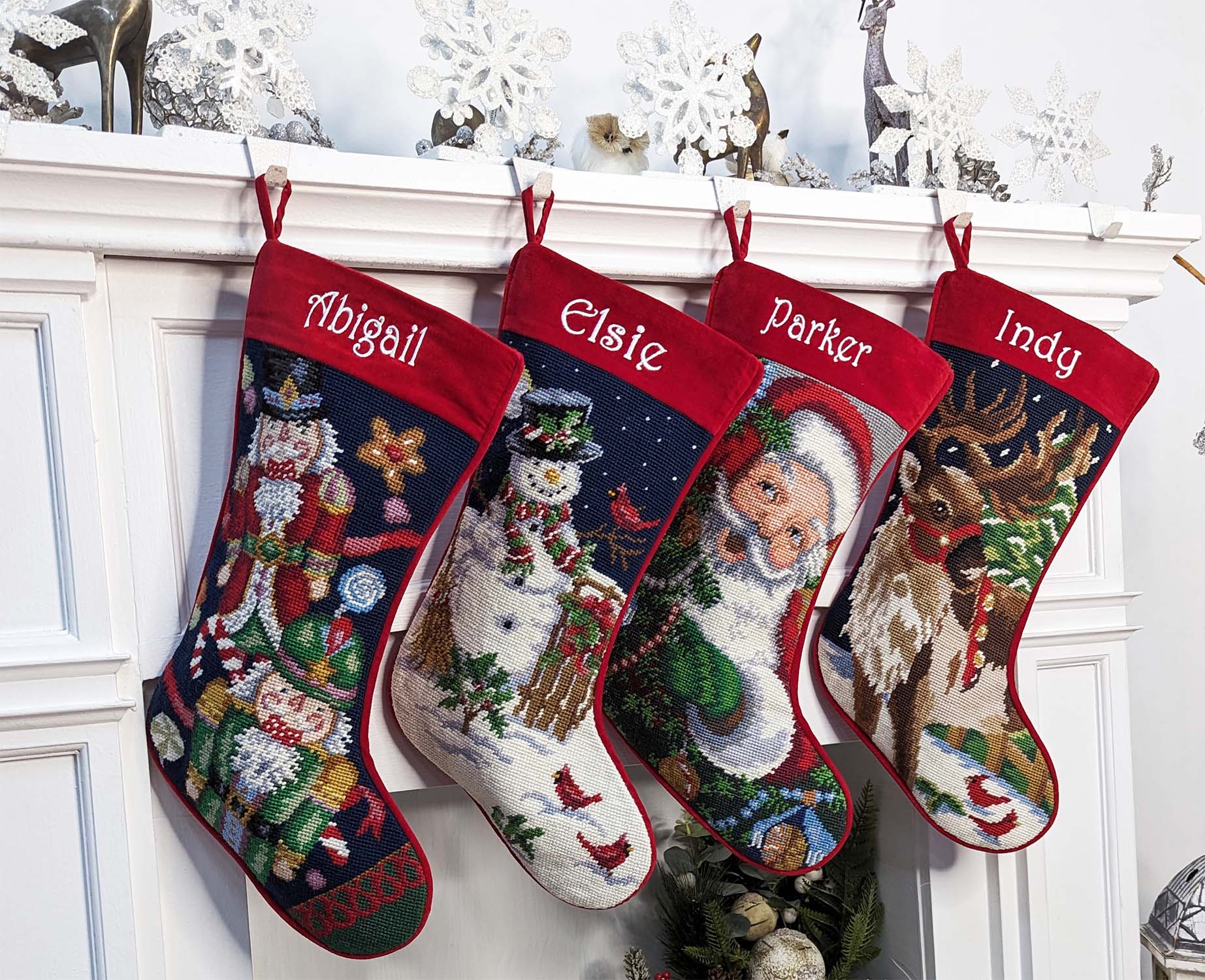 Needlepoint Christmas Stockings Santa Nutcracker Reindeer Snowman ...