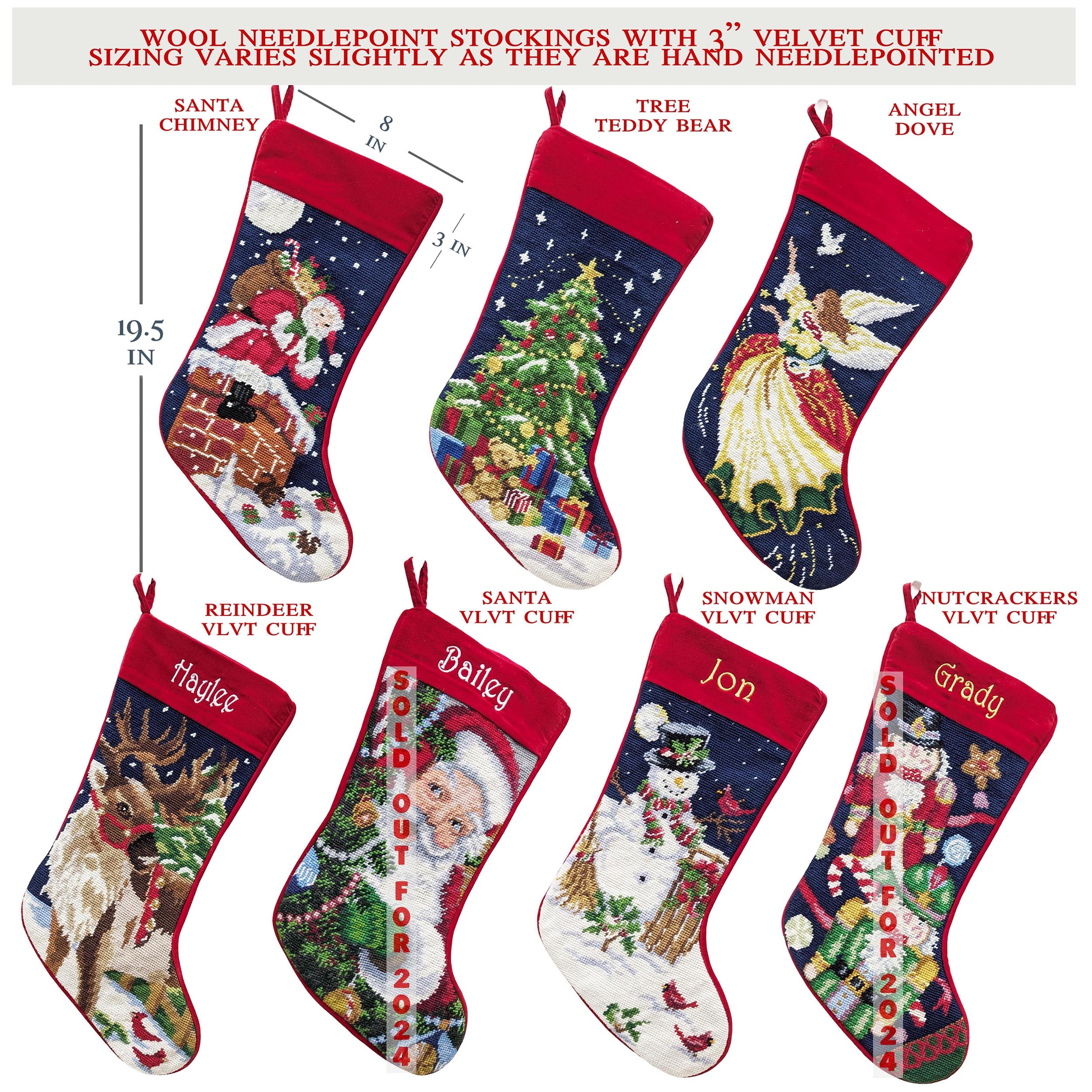 Needlepoint Christmas Stockings Santa Nutcracker Reindeer Snowman ...