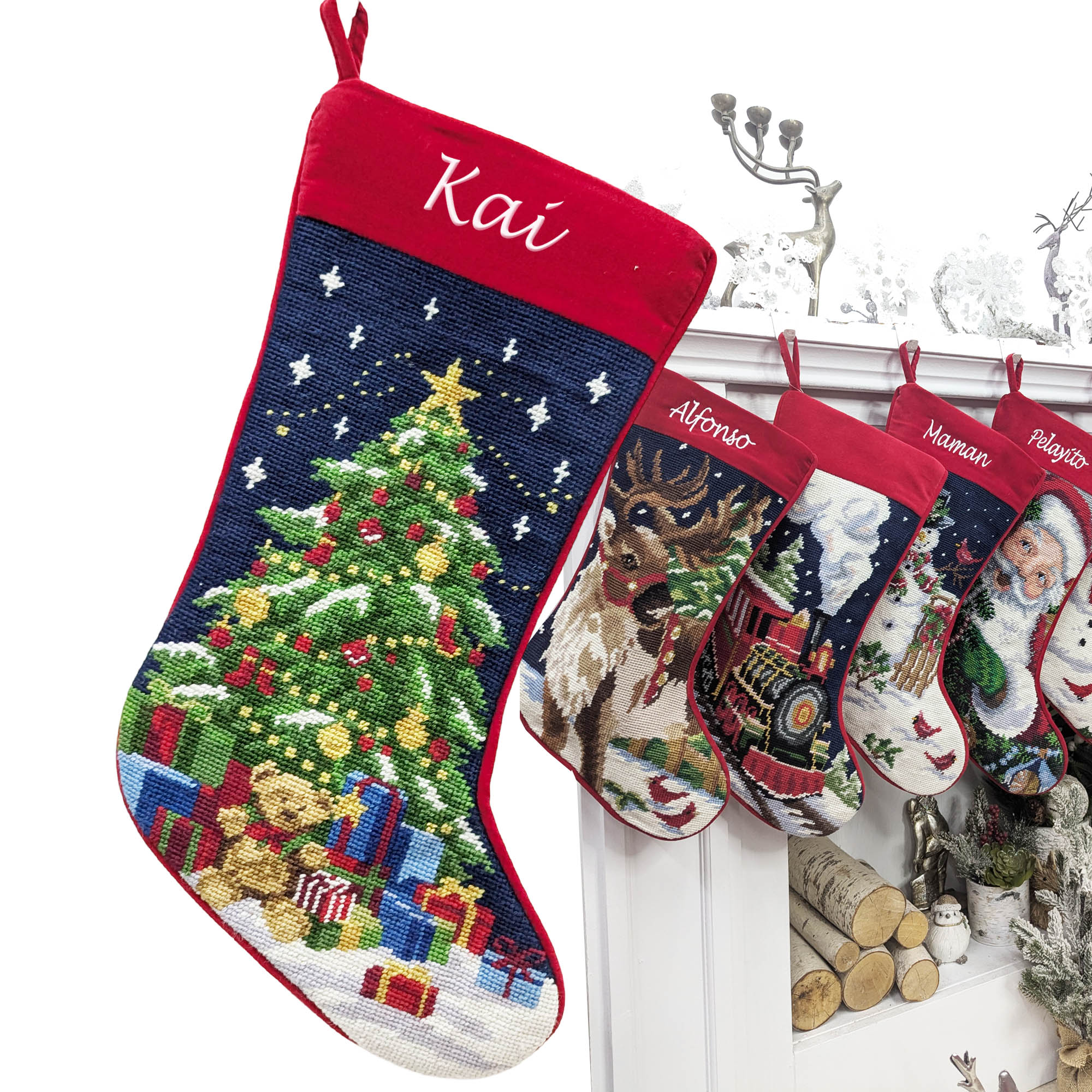 Needlepoint Christmas Stockings Santa Nutcracker Reindeer Snowman ...