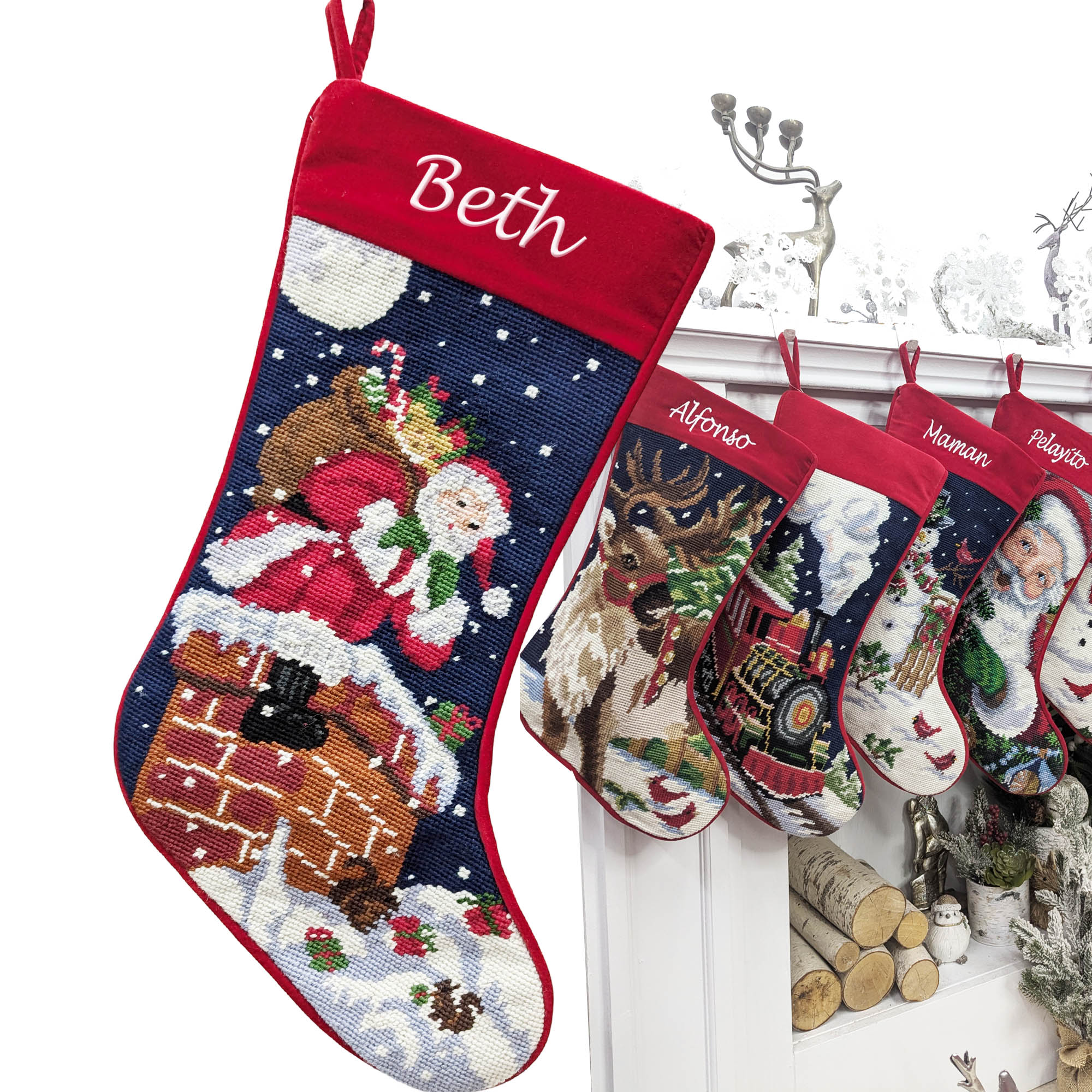 Needlepoint Christmas Stockings Santa Nutcracker Reindeer Snowman ...