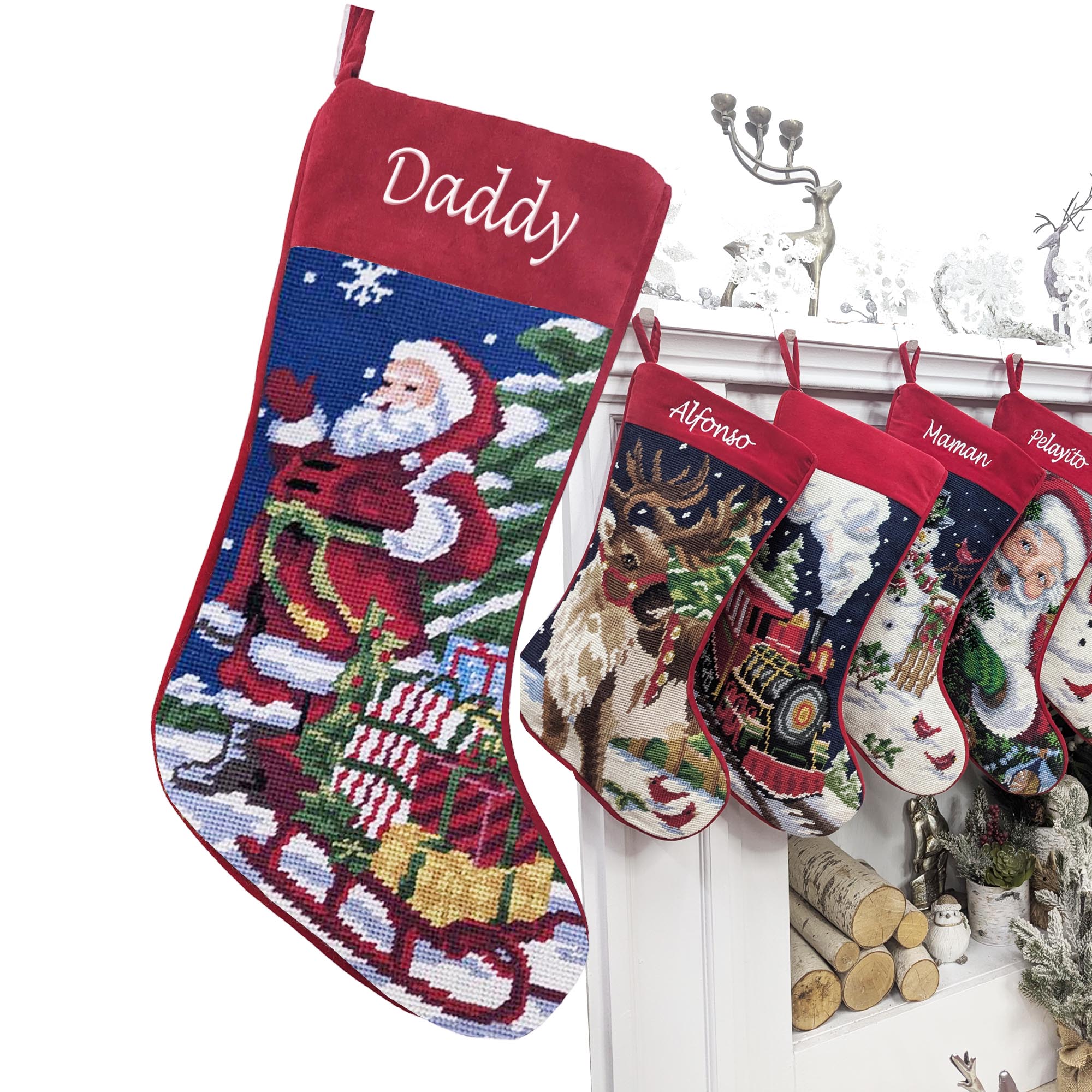 Needlepoint Christmas Stockings Santa Nutcracker Reindeer Snowman ...
