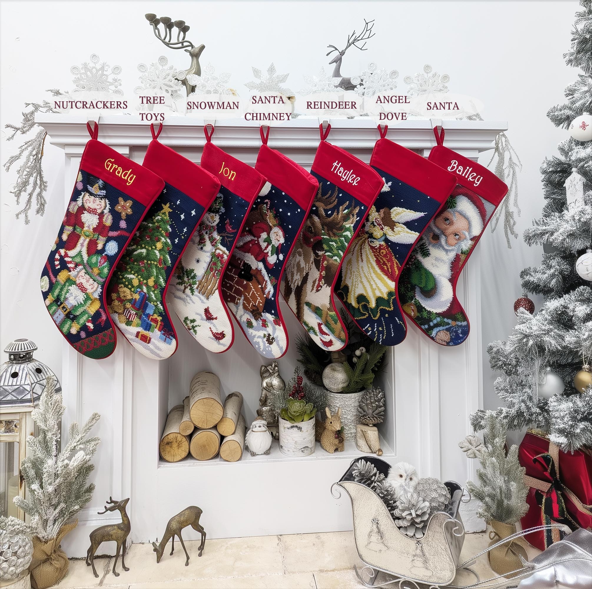 Needlepoint Christmas Stockings Santa Nutcracker Reindeer Snowman ...