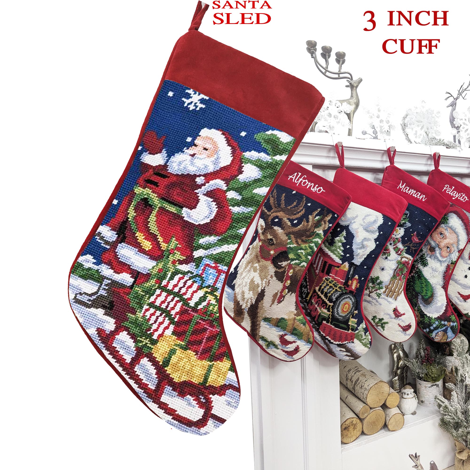 Needlepoint Christmas Stockings Santa Nutcracker Reindeer Snowman ...