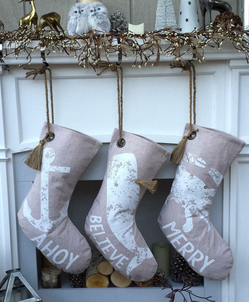 Beach House Cottage Christmas Stockings Anchor Whale Crab White Beige ...
