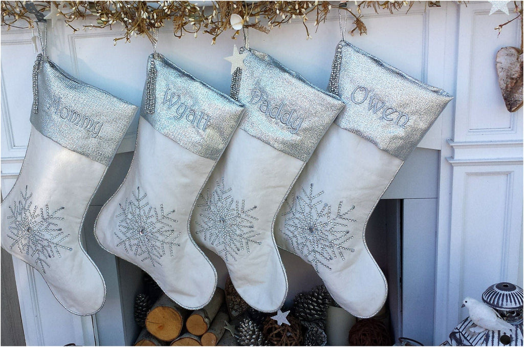 Silver Off White Christmas Stockings - 20" with silver metallic snowfl ...