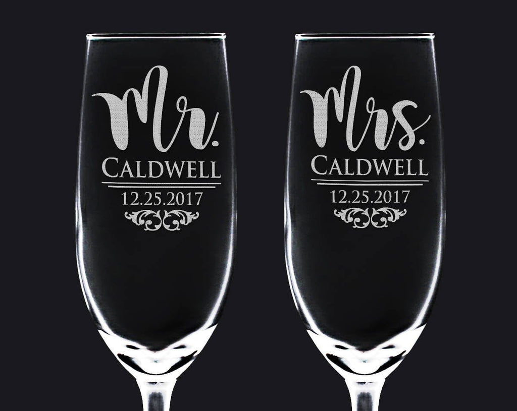 Classy Mr Mrs Personalized Champagne Glasses Set of 2 Registry Wedding ...