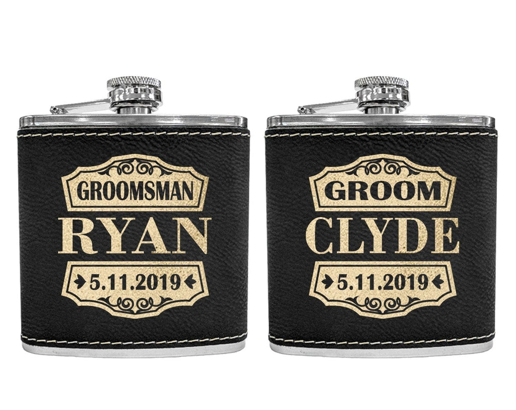 Retro Classy Customize Black Leather Flask with Gold Engraving for Wed ...